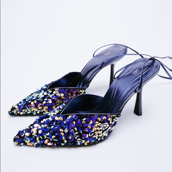 Zara | Shoes | Zara Blue Sequin Lace Up Heeled Shoes | Poshmark